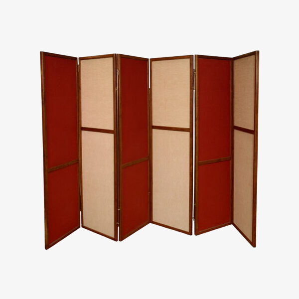 Large scale, solid oak framed, 6 panel screen faced with original red ...